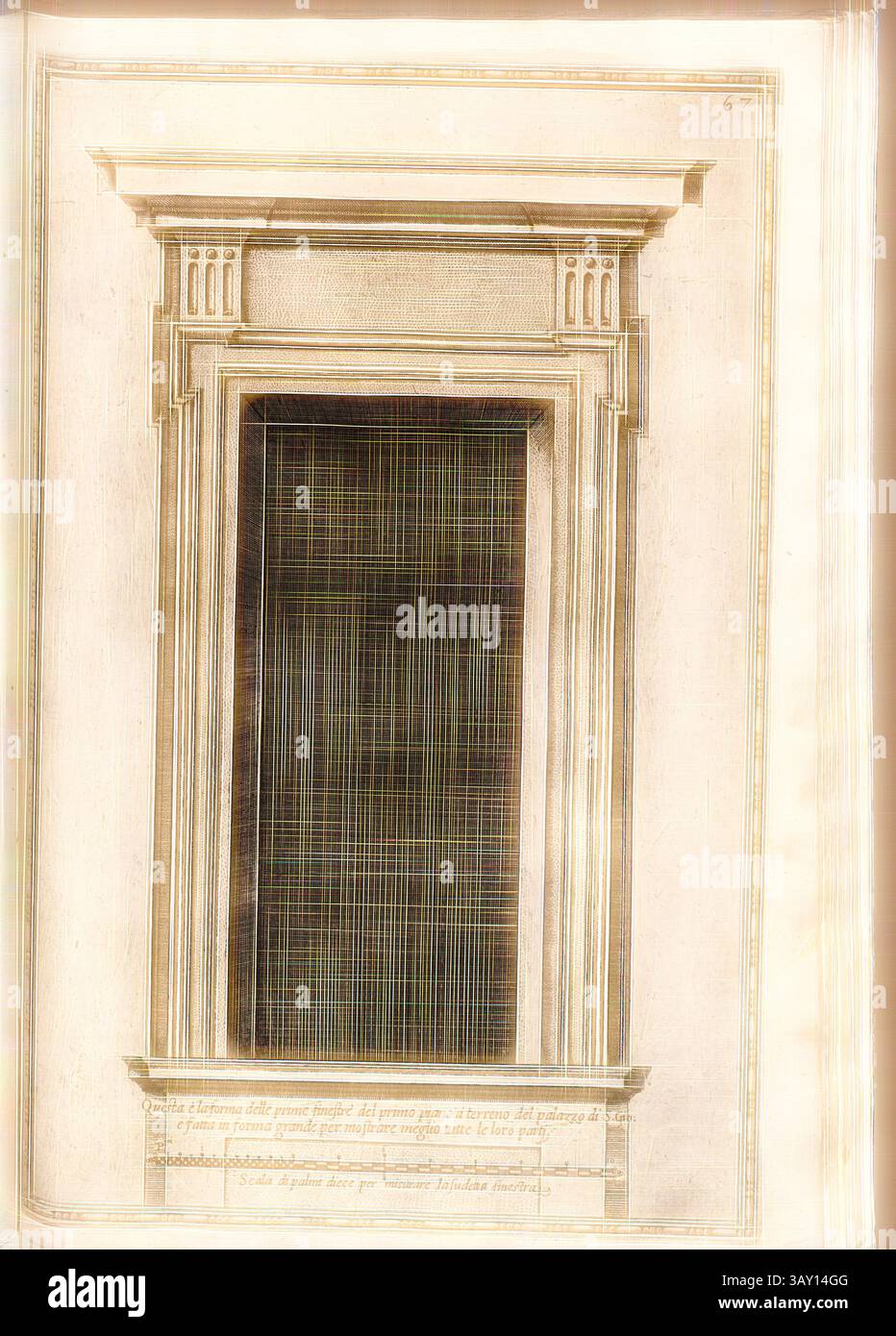 A detailed architectural illustration featuring an ornate window frame ...