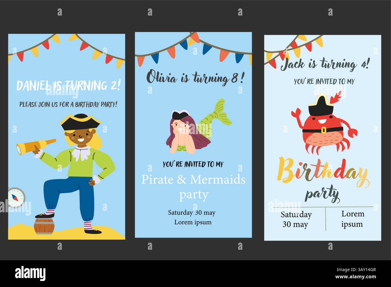 Pirate-themed birthday invitations for children with fun characters and ...