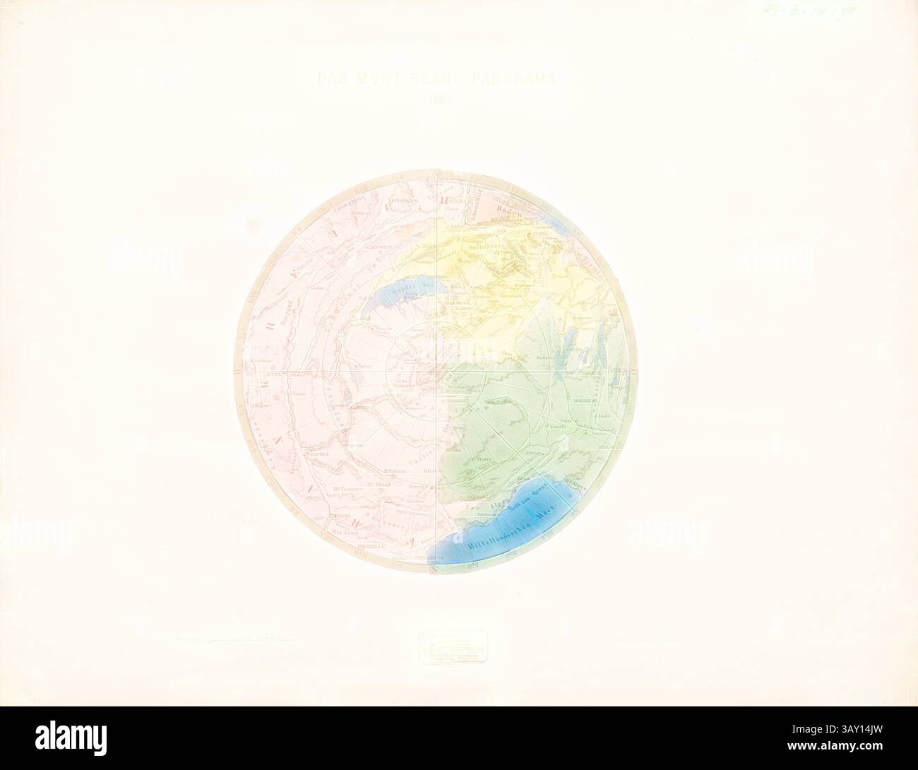 A circular map featuring a topographical representation of a ...