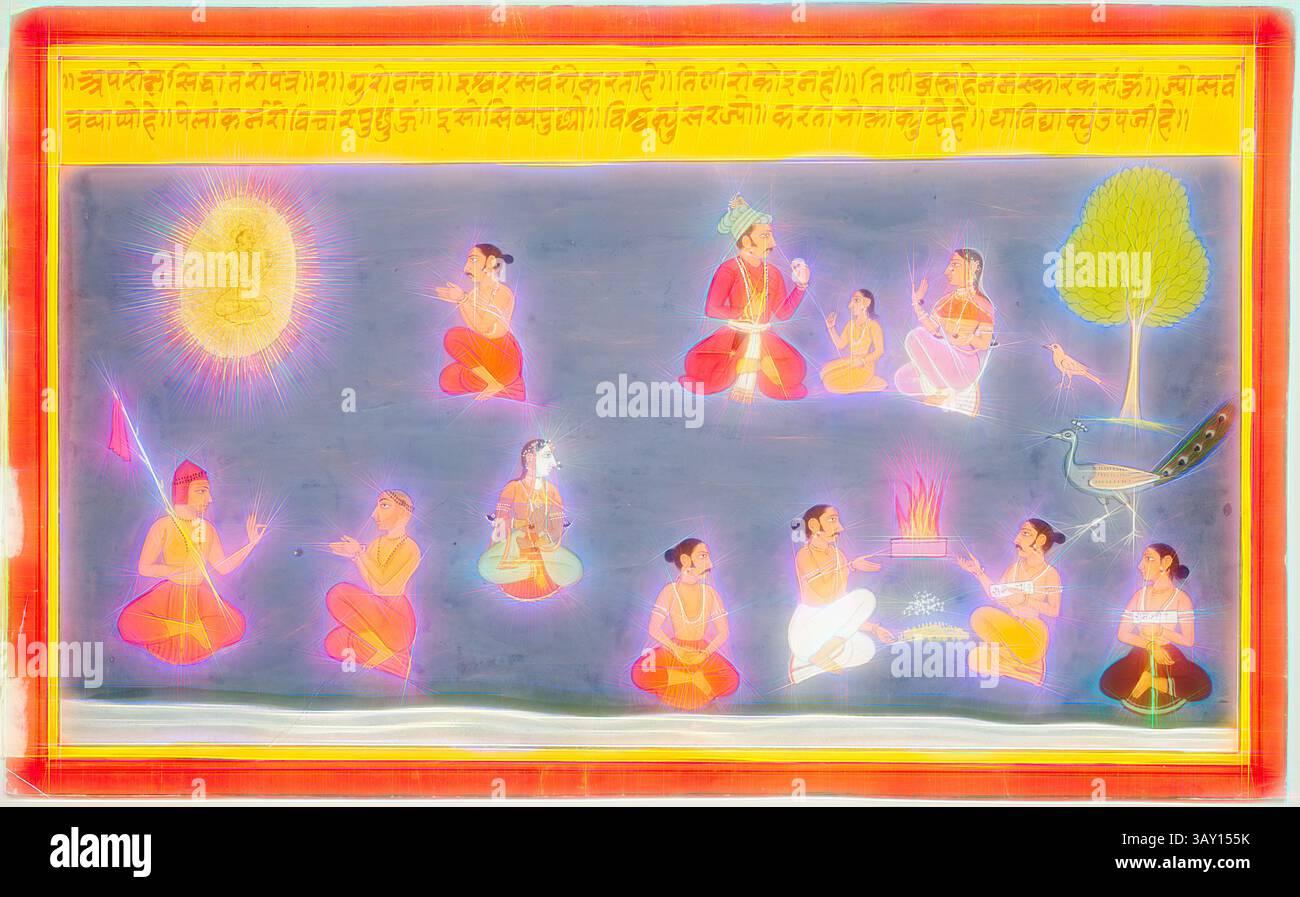 A vibrant depiction of spiritual figures engaged in prayer and ...