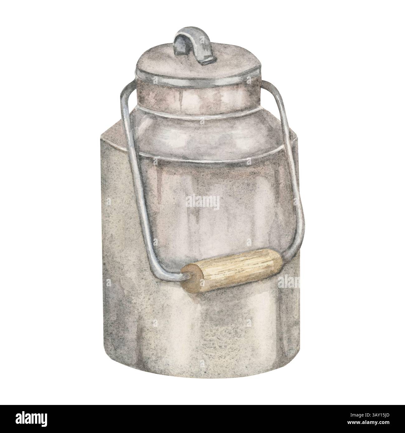 Metal milk can with wooden handle in gray and brown tones, watercolor ...