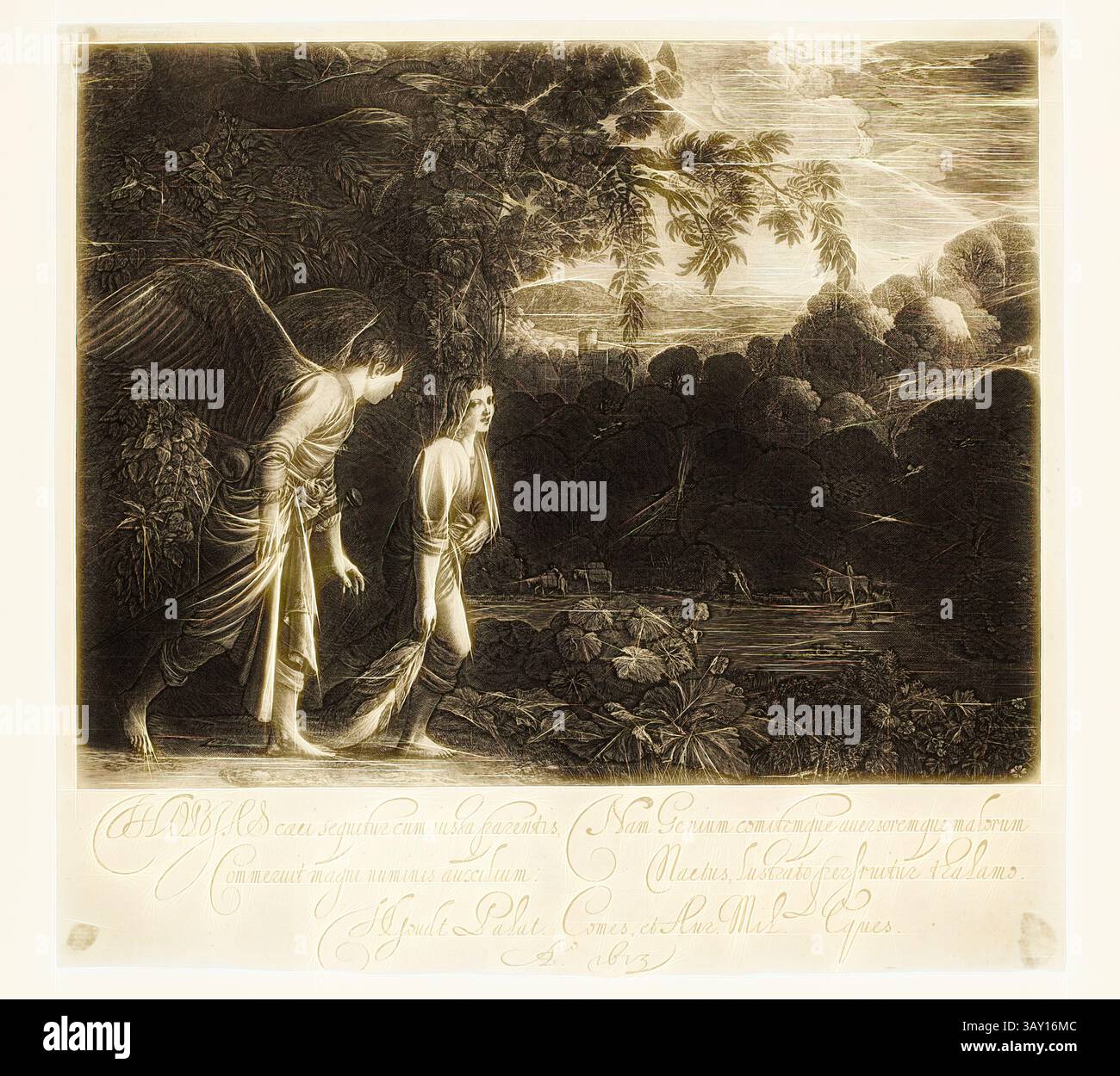 A celestial scene depicts an angel guiding a figure through a lush ...
