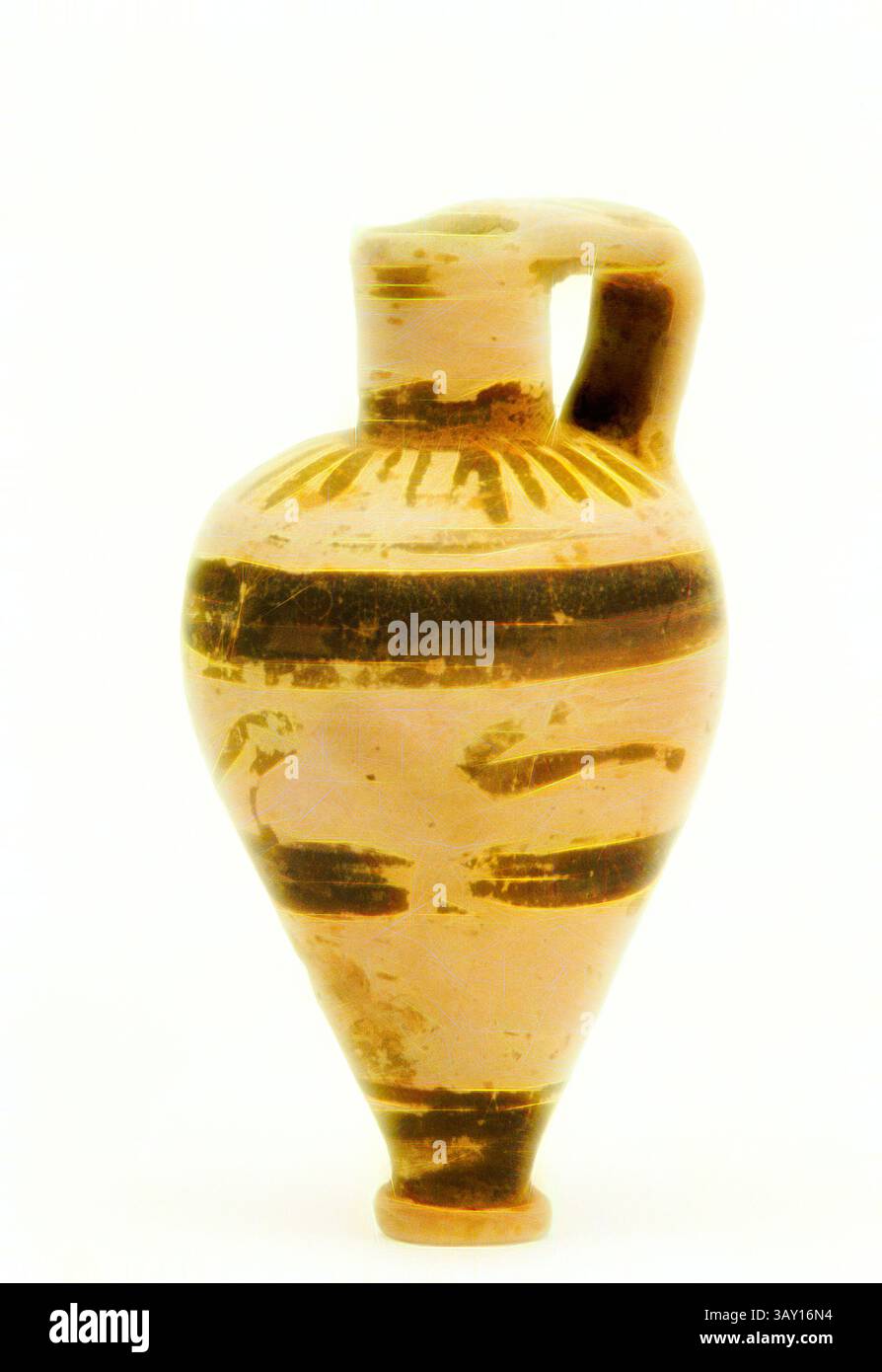 An elegant, ancient amphora featuring intricate horizontal stripes and ...
