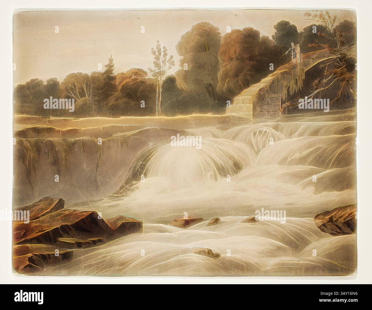 A serene landscape features a cascading waterfall surrounded by lush ...