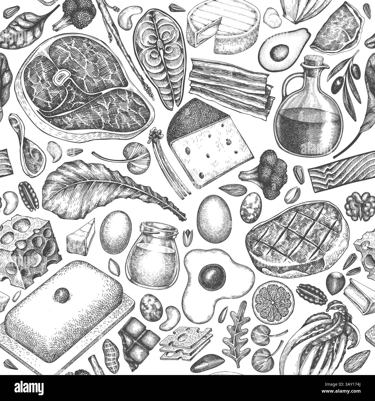 Keto Diet Seamless Pattern. Vector Hand Drawn Healthy Food Background ...