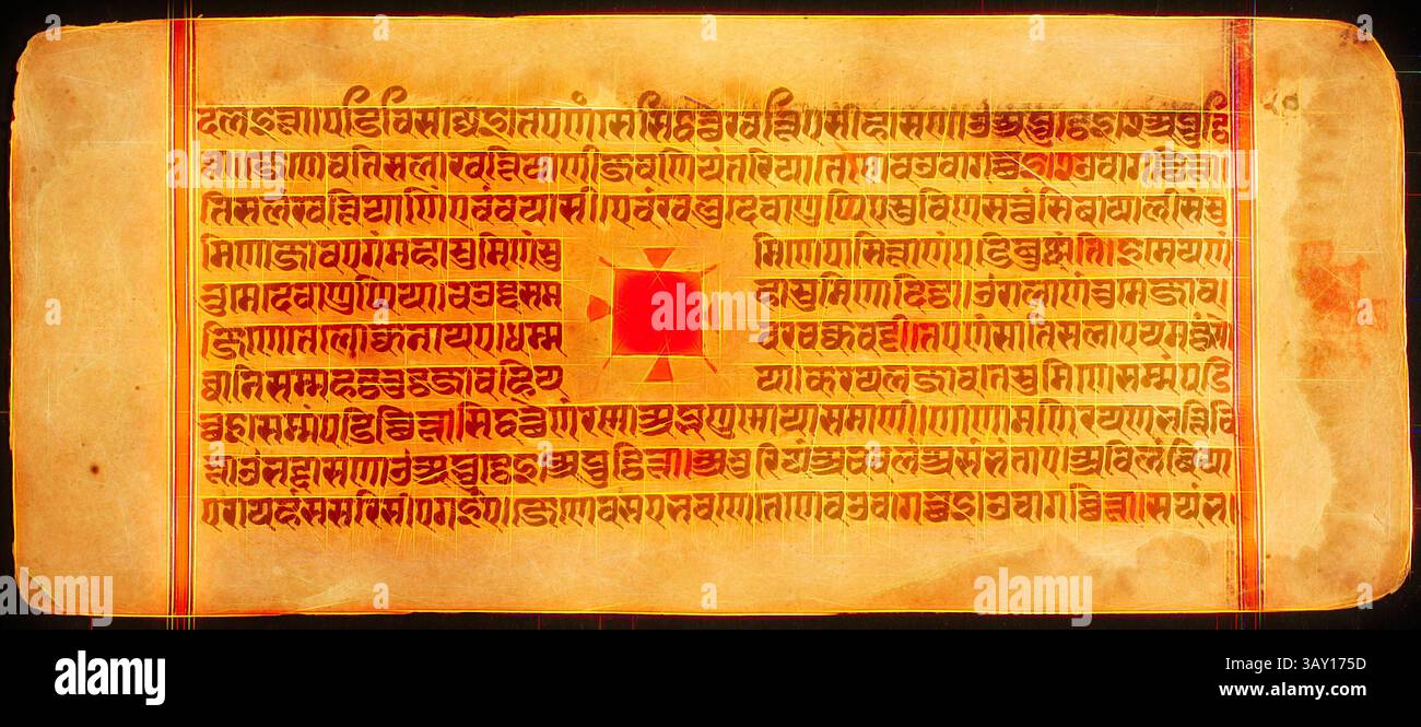 An ancient manuscript featuring intricate scripts and symbols ...