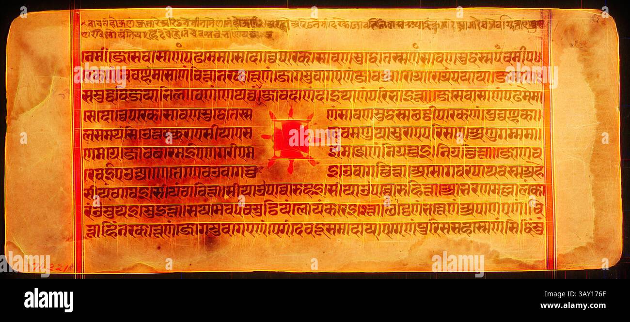 An ancient manuscript featuring intricate scripts and symbols ...