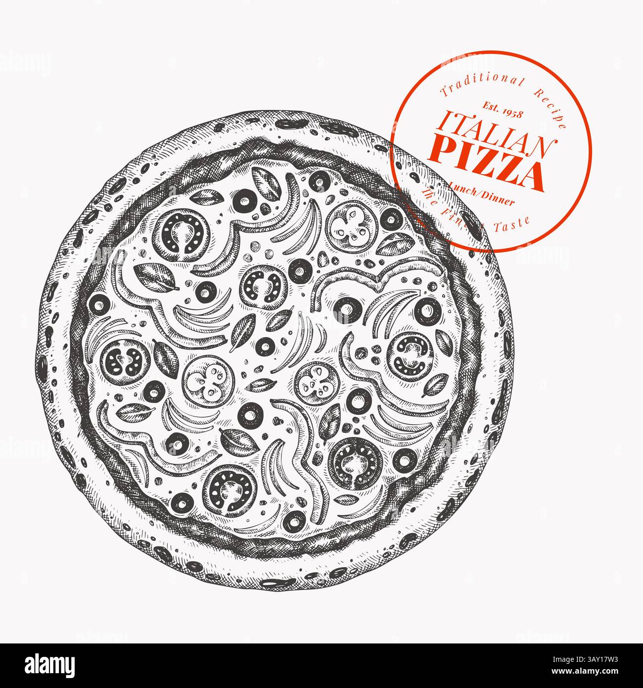Hand Drawn Vector Pizza Illustration. Retro Vegetarian Pizza Isolated ...