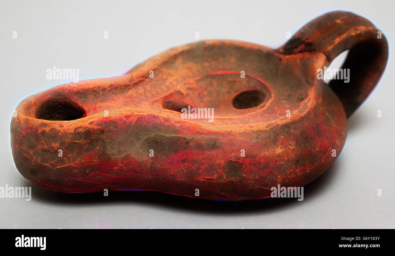 An ancient oil lamp featuring a unique, organic shape and ornate ...