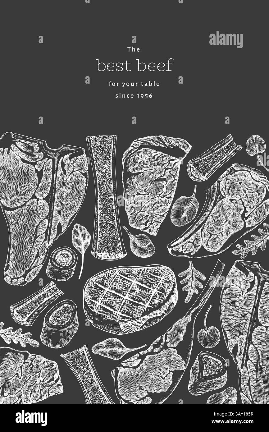 Butchery Shop Chalk Board Design Template. Vector Hand Drawn Meat ...