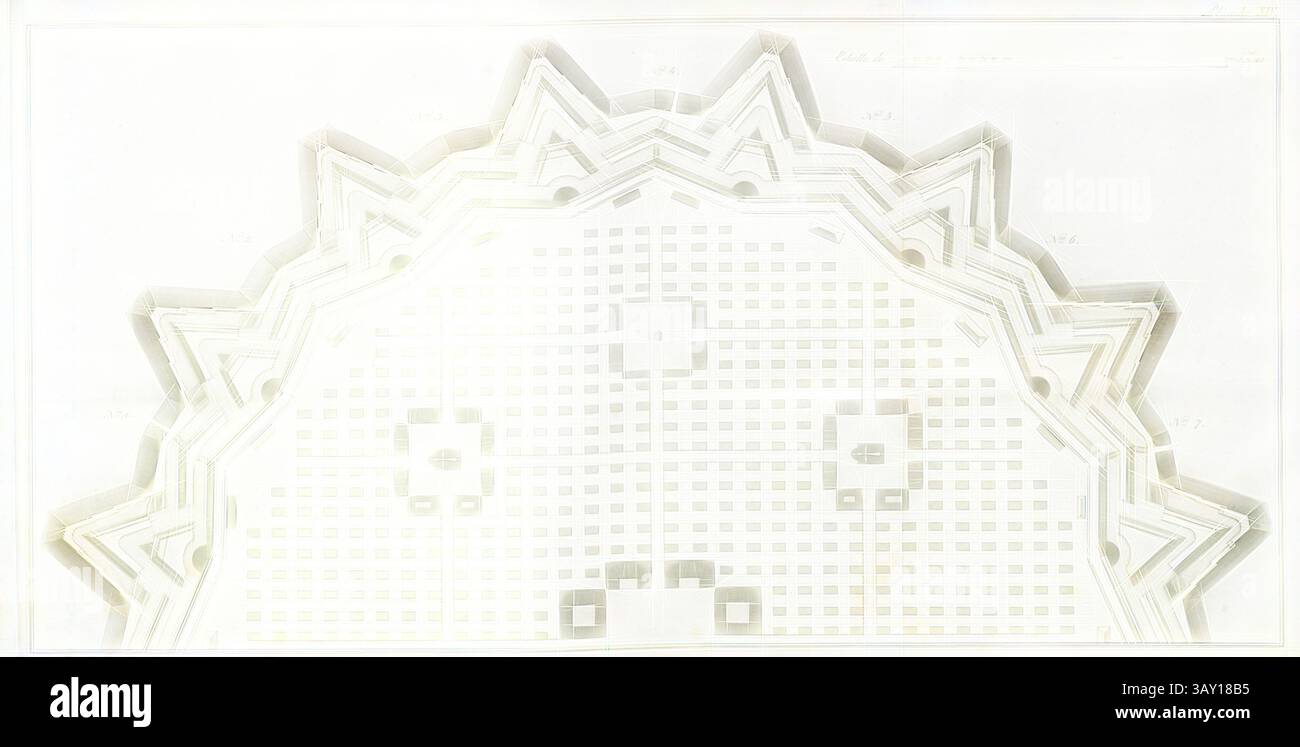 An intricate architectural plan featuring a symmetrical design, with ...