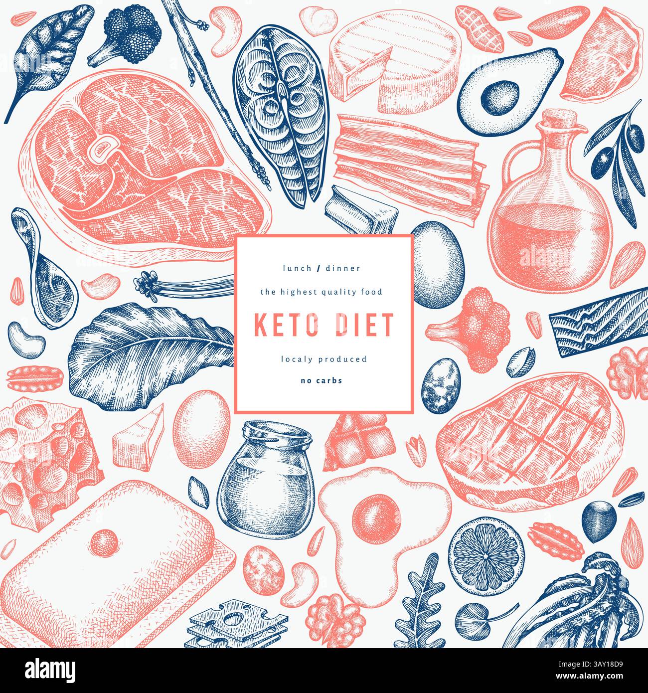 Keto Diet Design Template. Vector Hand Drawn Healthy Food Banner ...