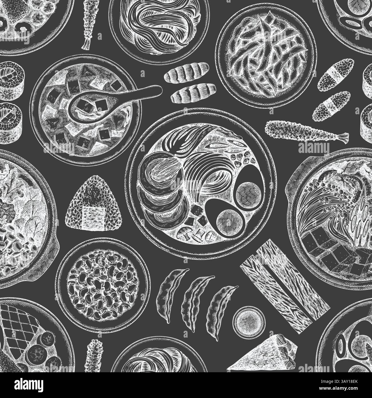 Japanese Cuisine Vector Seamless Pattern. Asian Dishes Chalk Board Hand ...