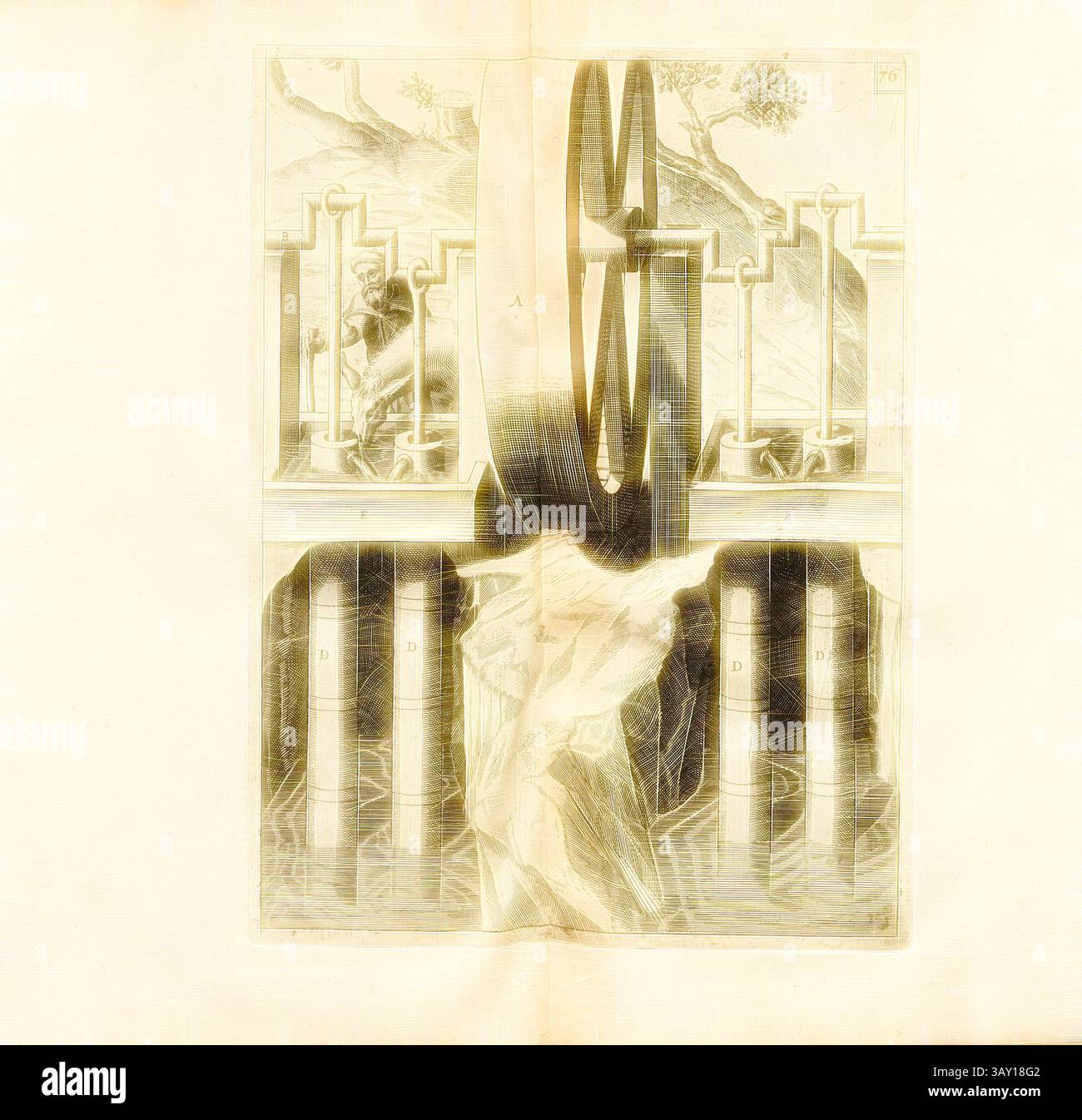 An intricate illustration depicting a mechanical device with large ...