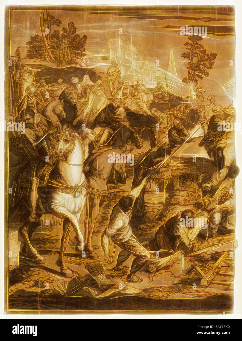 A dynamic scene depicting a chaotic battle, with warriors on horseback ...