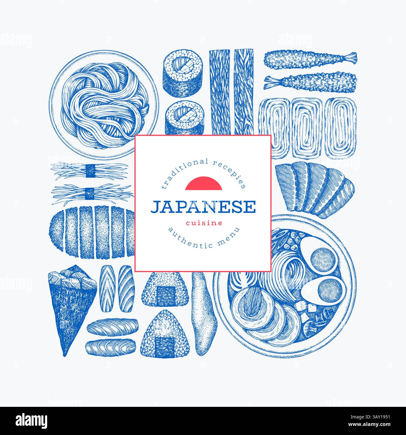 Japanese Cuisine Vector Design Template. Asian Dishes Hand Drawn ...