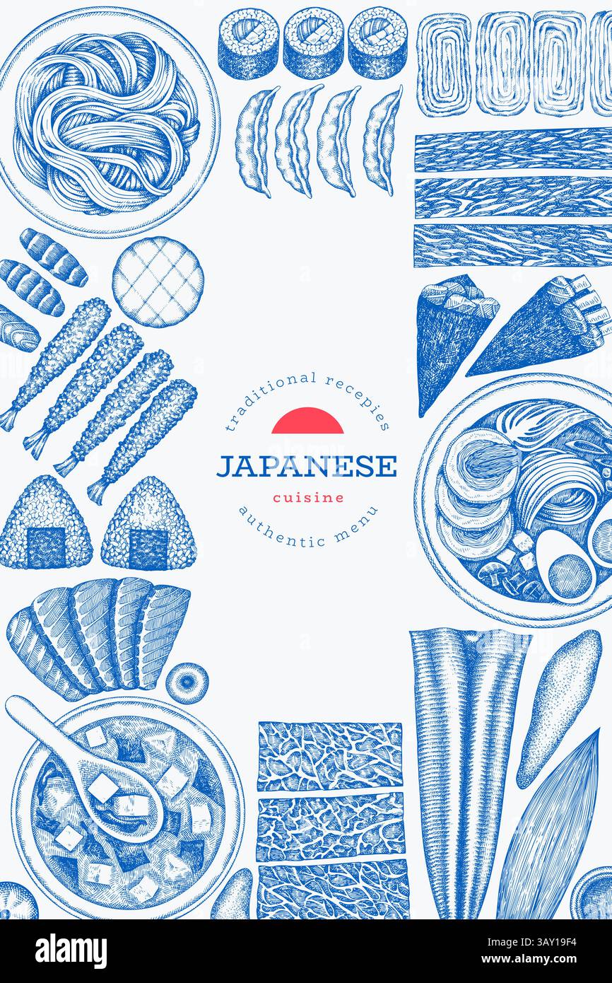 Japanese Cuisine Vector Design Template. Asian Dishes Hand Drawn ...