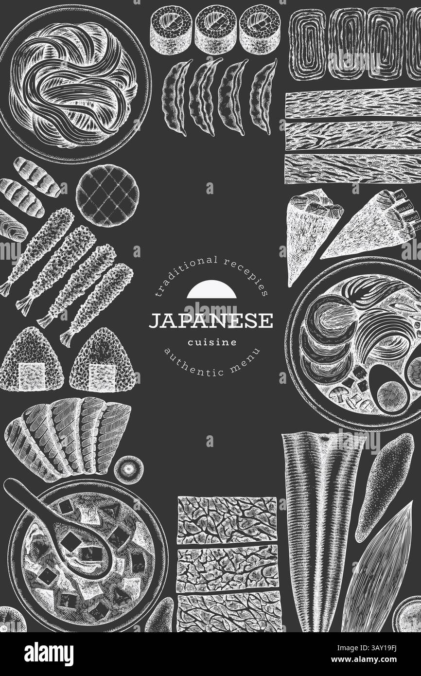 Japanese Cuisine Vector Design Template. Asian Dishes Chalk Board Hand ...