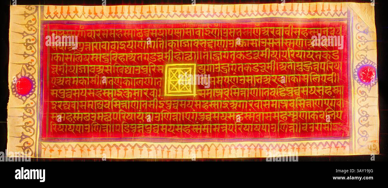 An intricately designed manuscript features ornate text in a bold ...