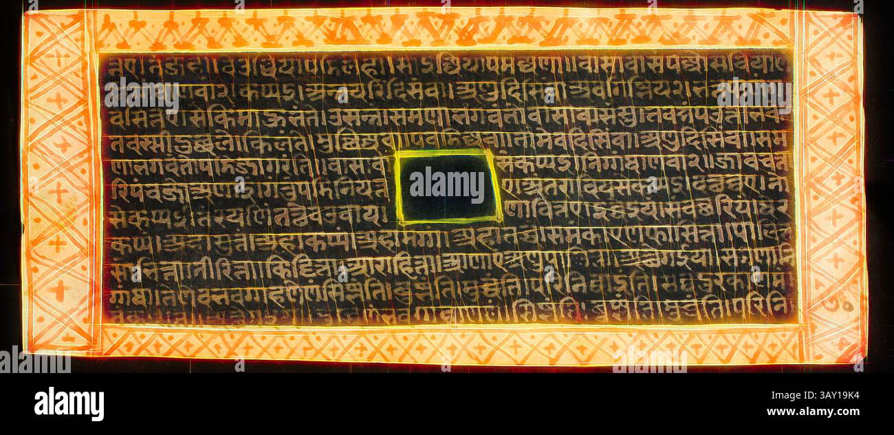 An intricate manuscript featuring dense rows of ancient script ...