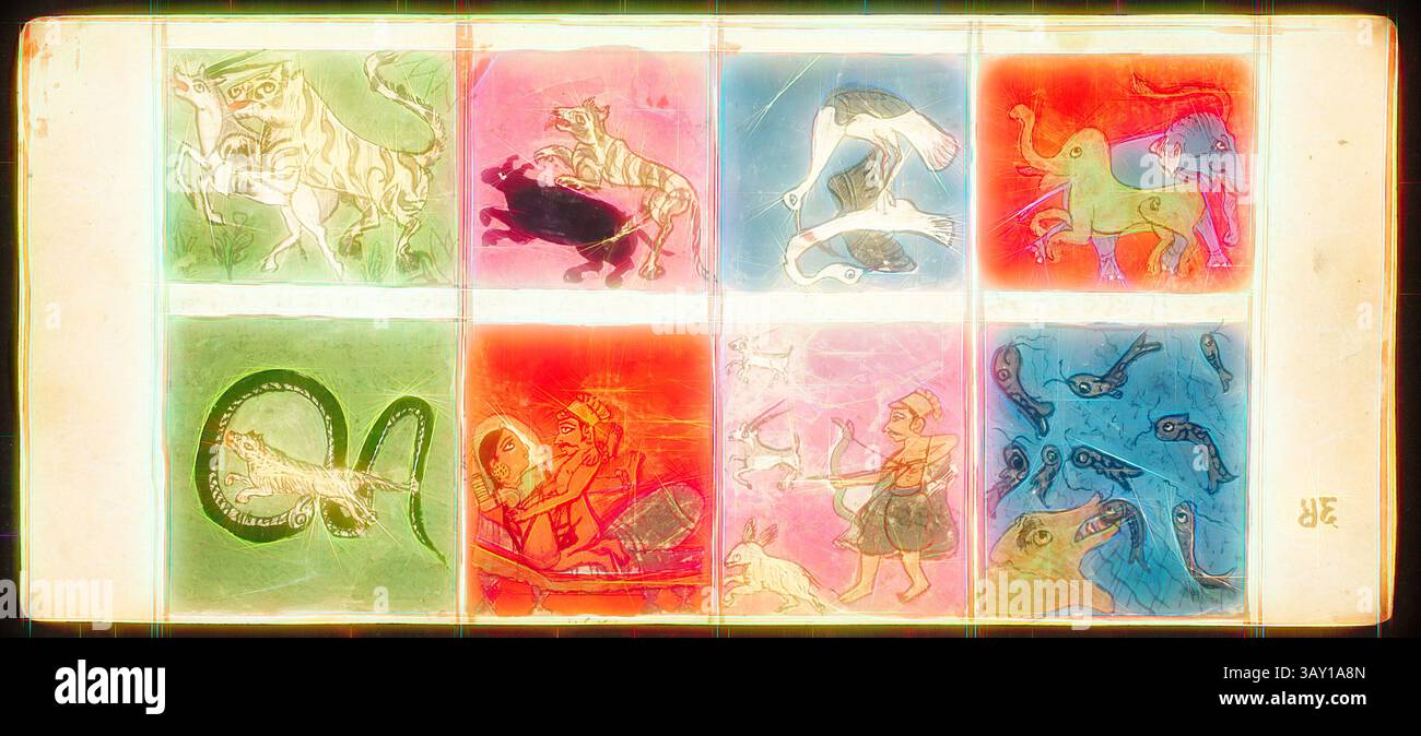 A vibrant collage features scenes of animals and mythological creatures ...