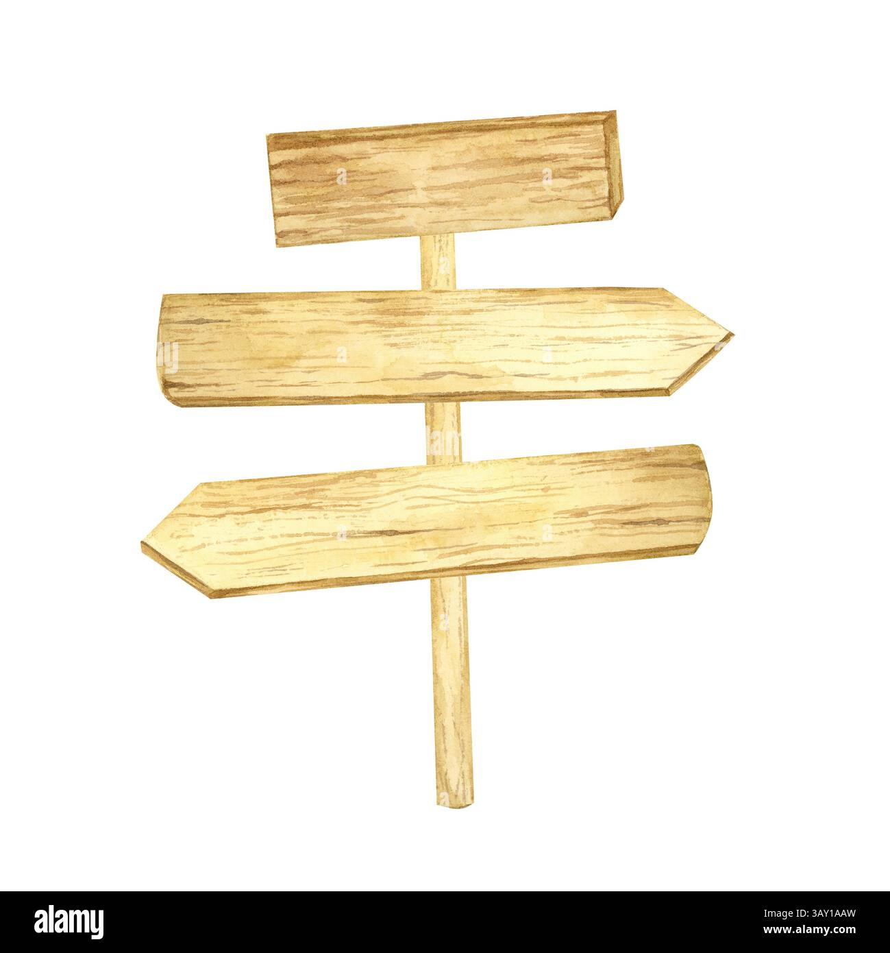 Three-arrow wooden sign watercolor illustration with weathered wood ...