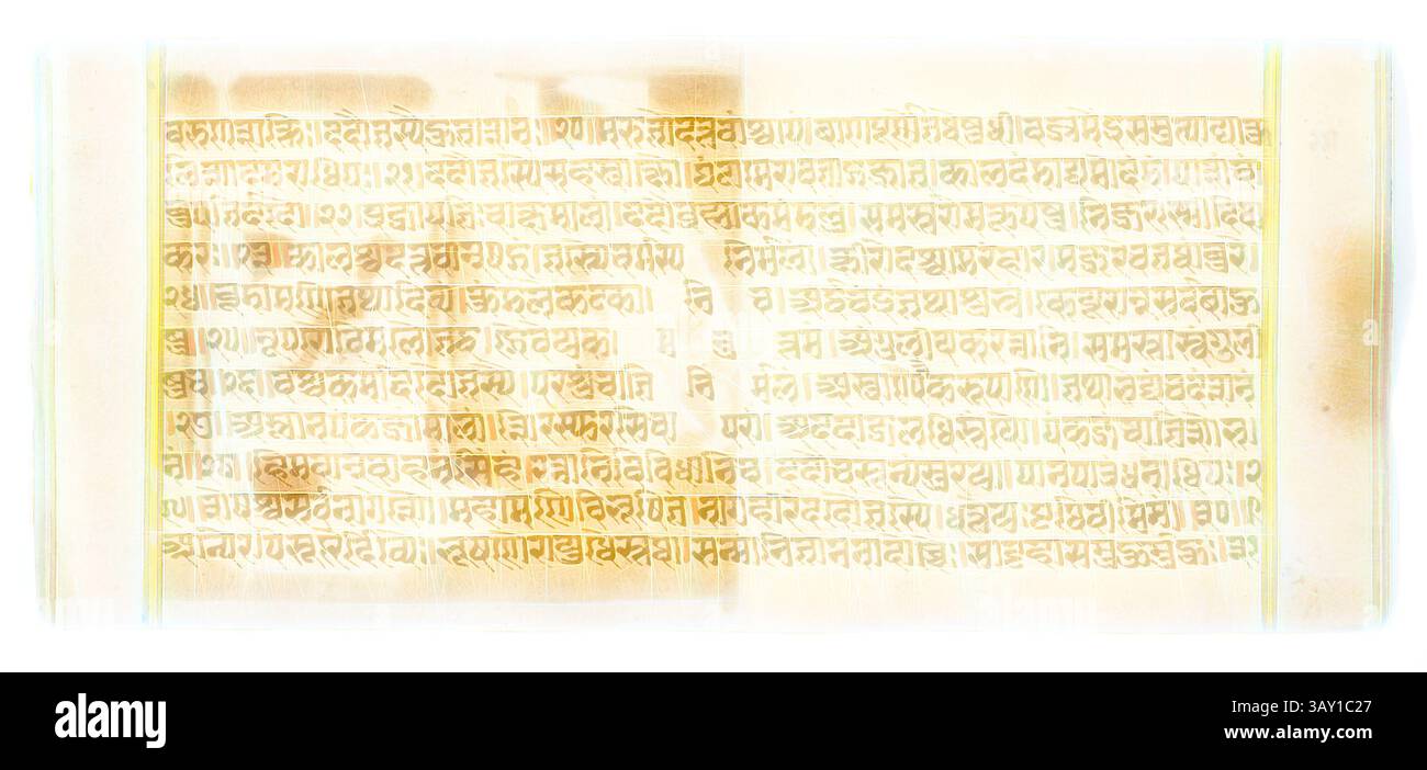 An ancient manuscript featuring intricate, handwritten text in a script ...