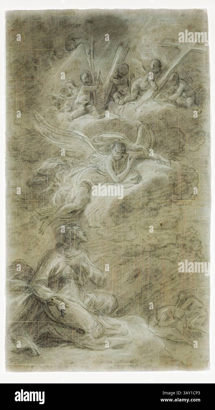 A dramatic scene featuring figures engaged in a celestial battle, with ...