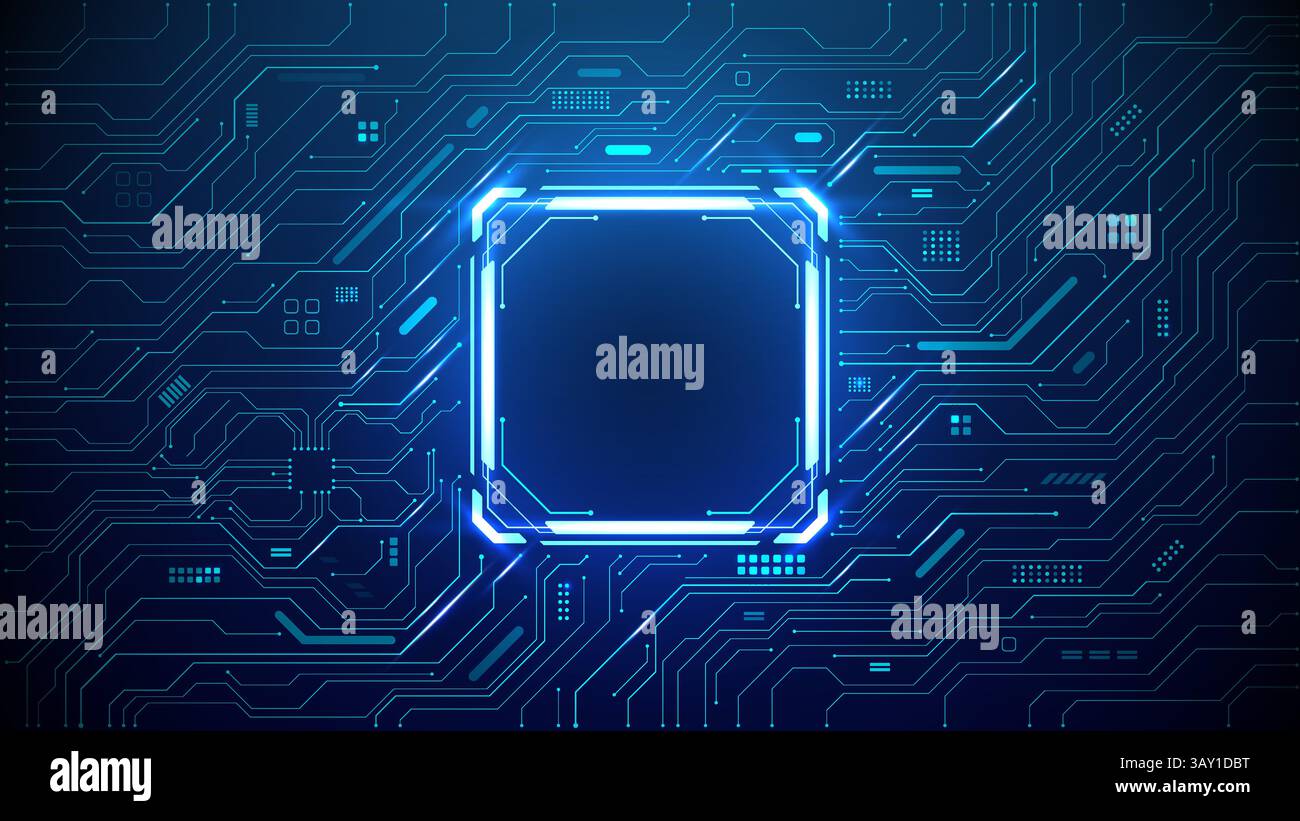 Ai chip concept. Abstract light neon square frame HUD. Computer bg ...