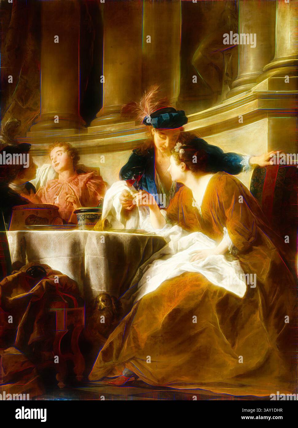 A group of elegantly dressed figures engage in a lively conversation ...