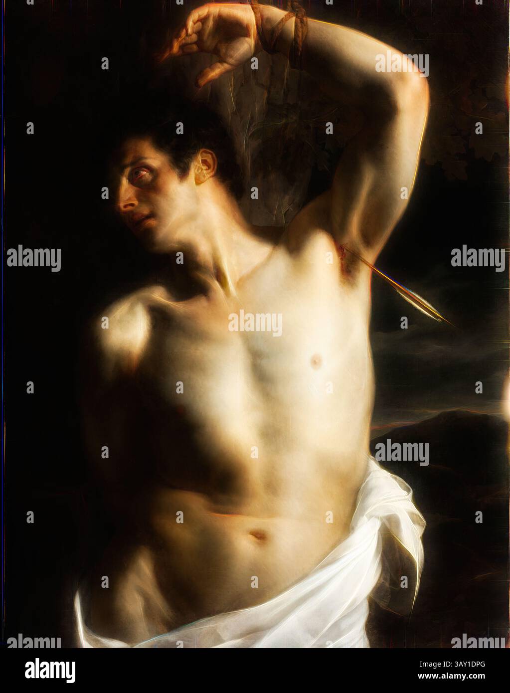 A muscular figure poses dramatically, one arm raised and the other ...