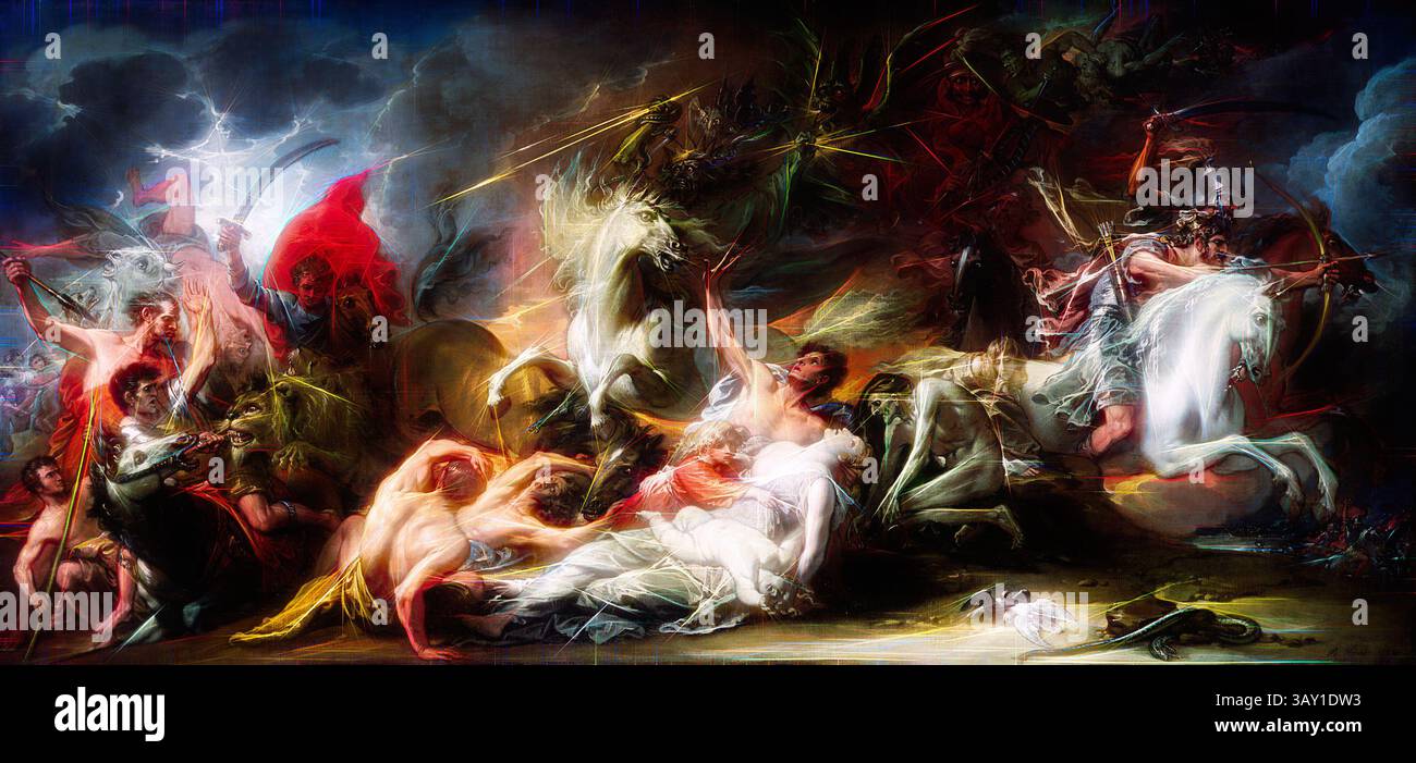 A dramatic scene depicting a chaotic battle between mythological ...