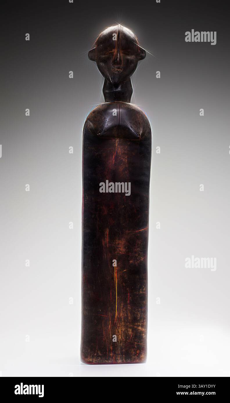 A tall, slender figure with a simplified, abstracted face stands ...