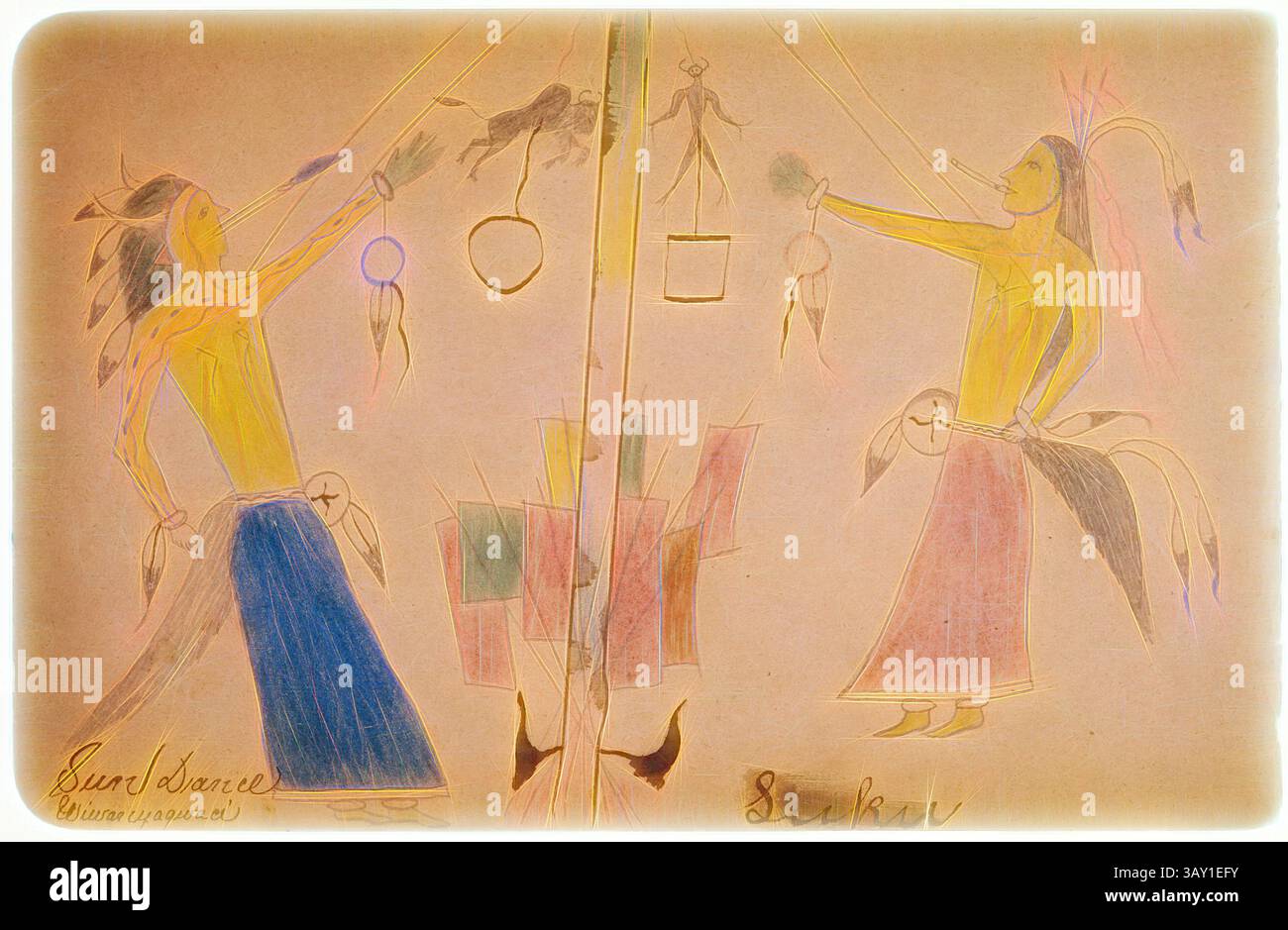 Two figures adorned in traditional attire are depicted engaging in a ...