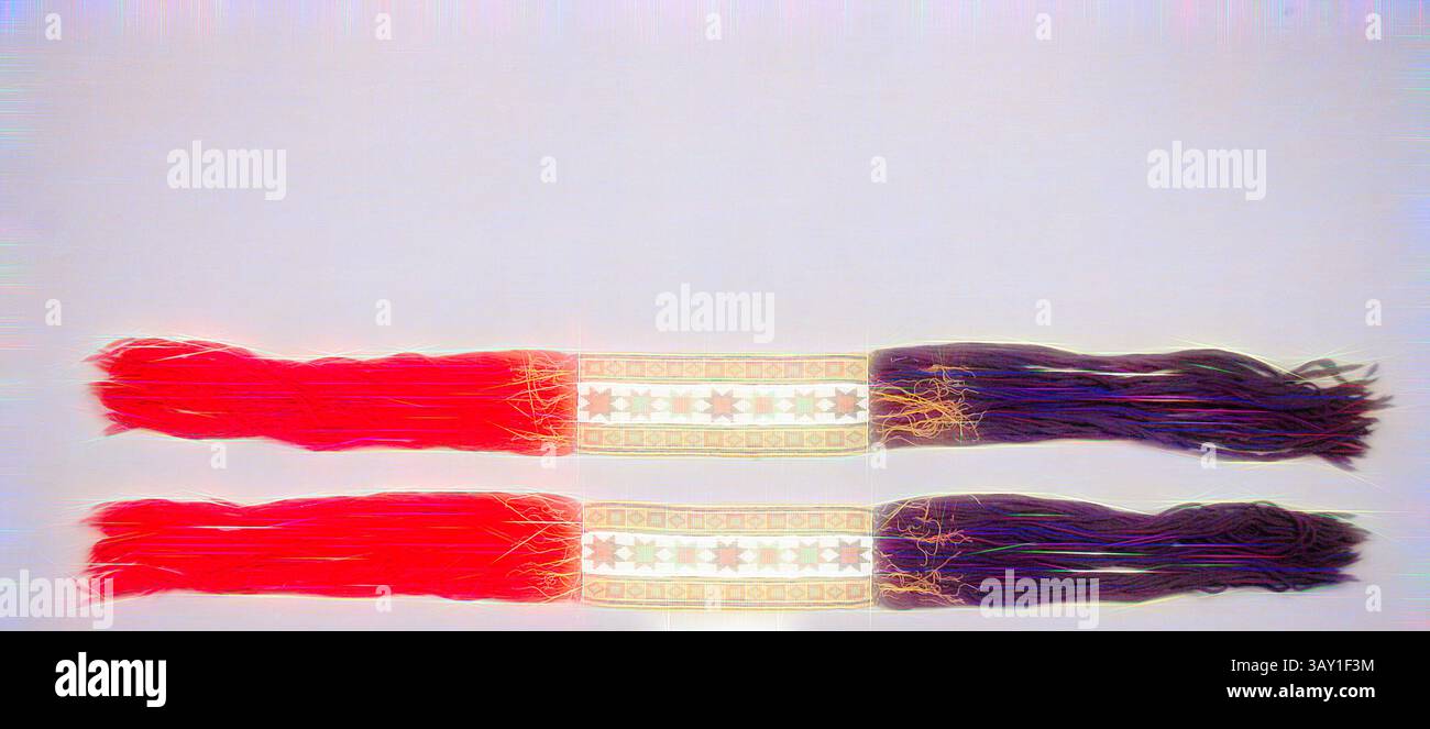 Two elongated strands of fabric in vibrant colors, one red and the ...