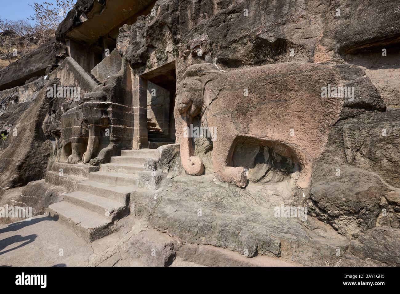 elephant carving at Ajanta caves, Aurangabad, India, Asia Stock Photo ...