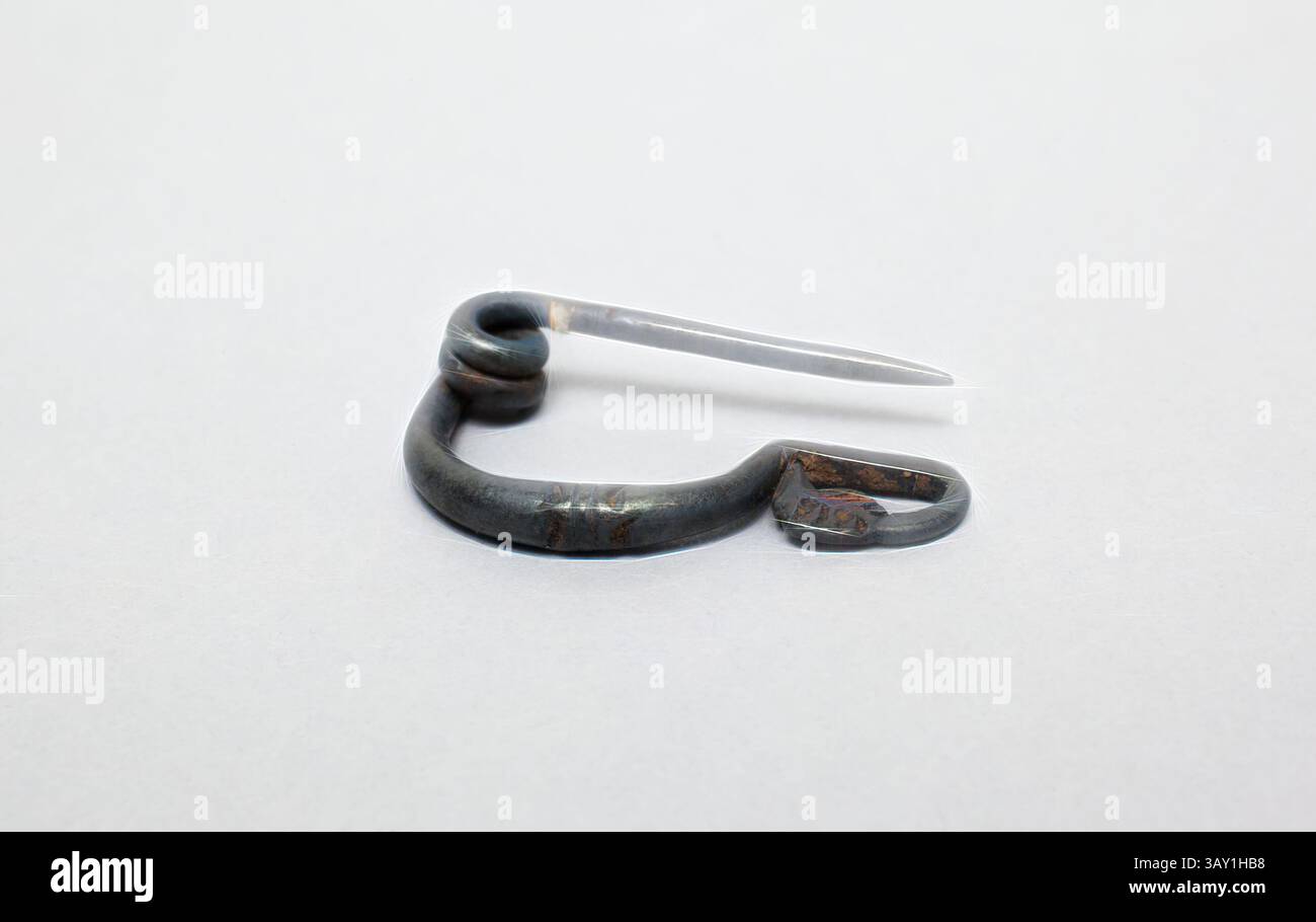 An intricately designed ancient pin featuring a curling shape with a ...