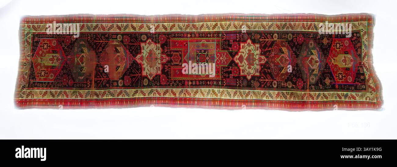 This vibrant textile features intricate geometric patterns and bold ...