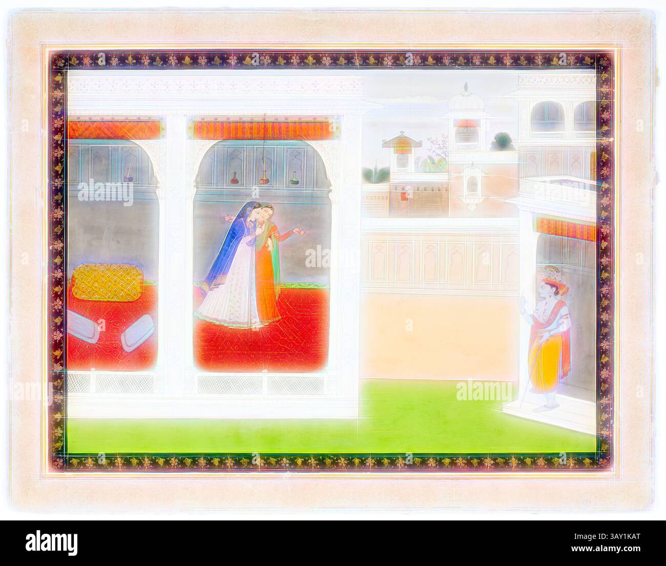 A romantic scene unfolds in an ornate palace courtyard, featuring a ...