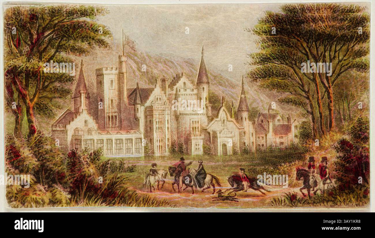A grand, ornate castle surrounded by lush trees and rolling hills, with ...