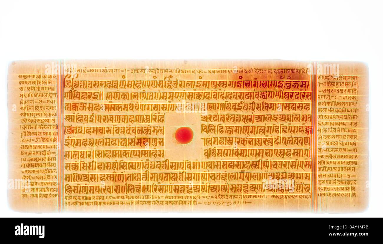 An ancient manuscript featuring intricate script and symbols arranged ...