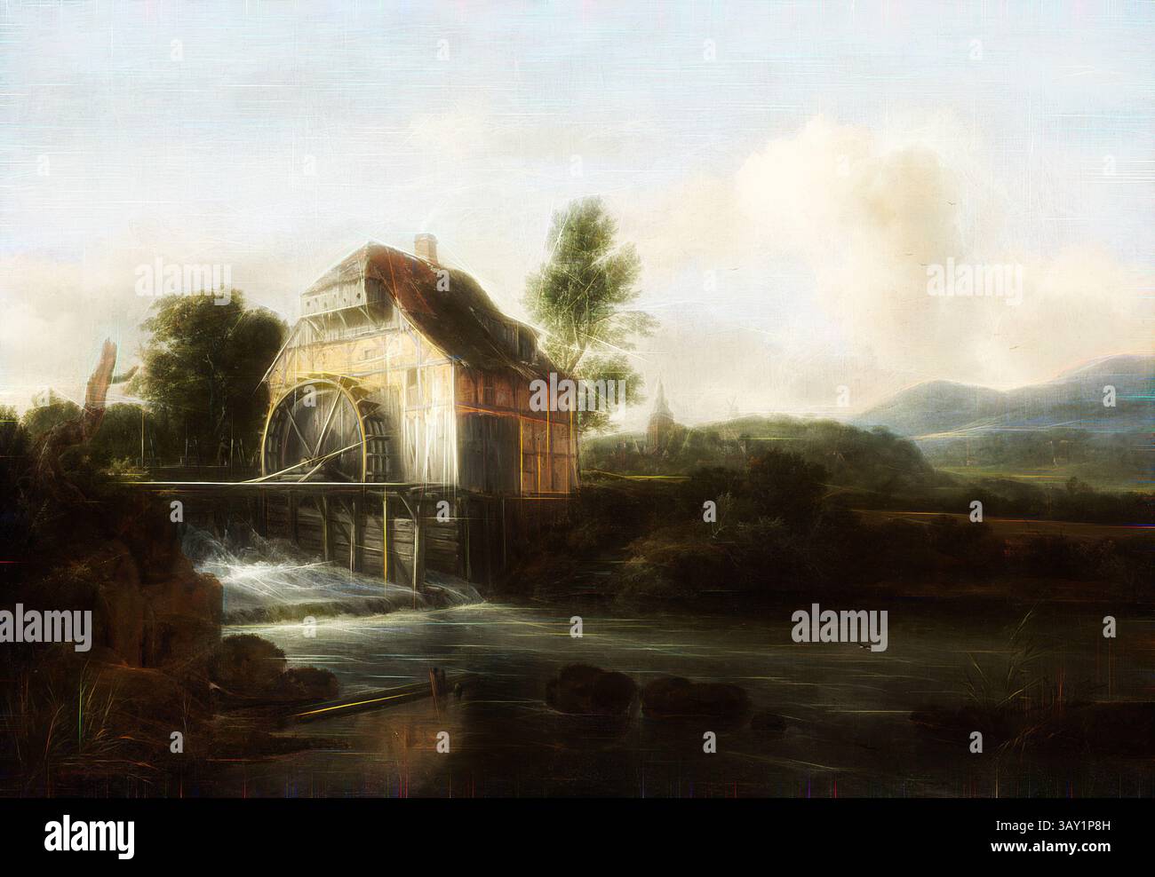 A rustic watermill stands alongside a serene river, its large wooden ...