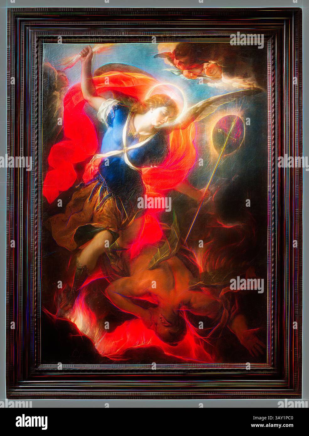 An ethereal figure, draped in flowing garments of blue and red, stands ...