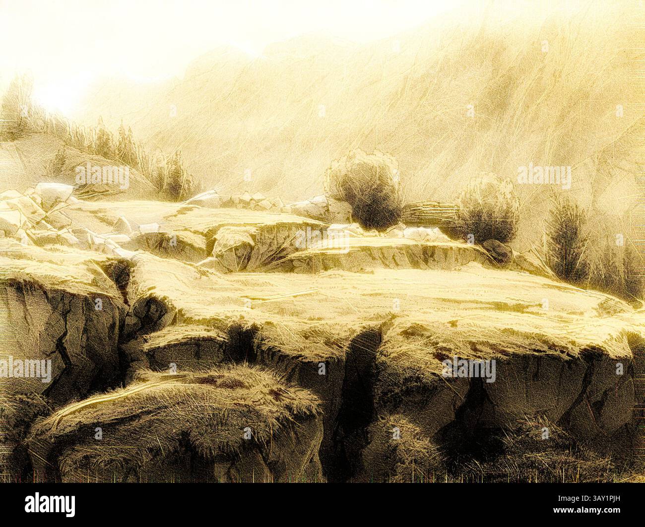 A serene landscape features rugged cliffs and gentle slopes, dotted ...