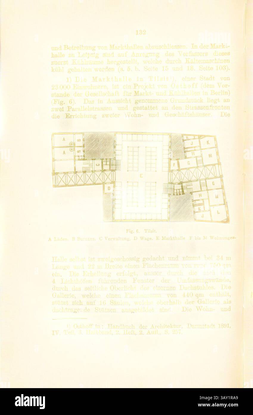 An architectural illustration detailing the layout of a market hall ...