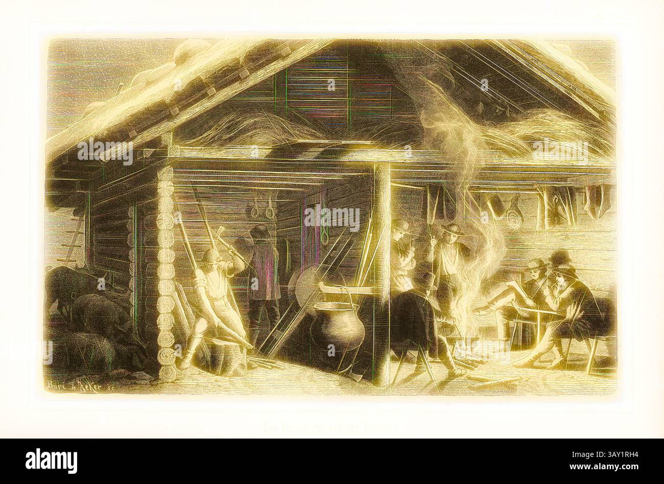 A rustic scene depicting individuals engaged in various activities ...