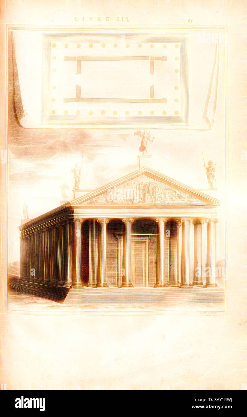 An architectural illustration depicting a classical temple with grand ...