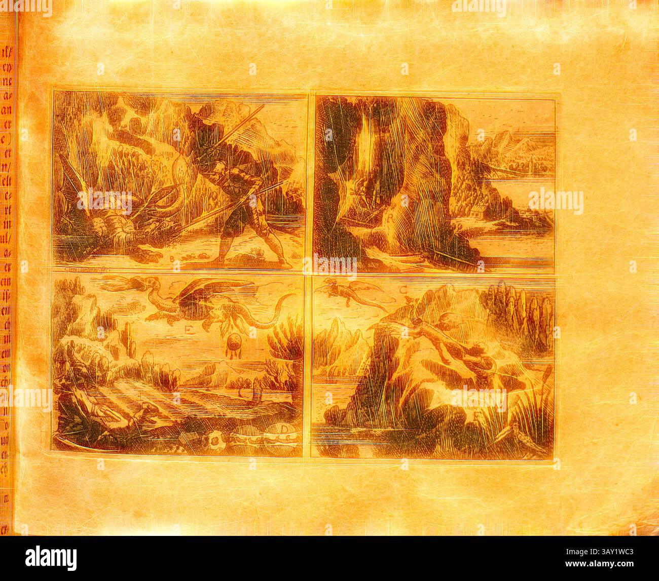 An ancient illustration depicting a fantastical scene with four panels ...