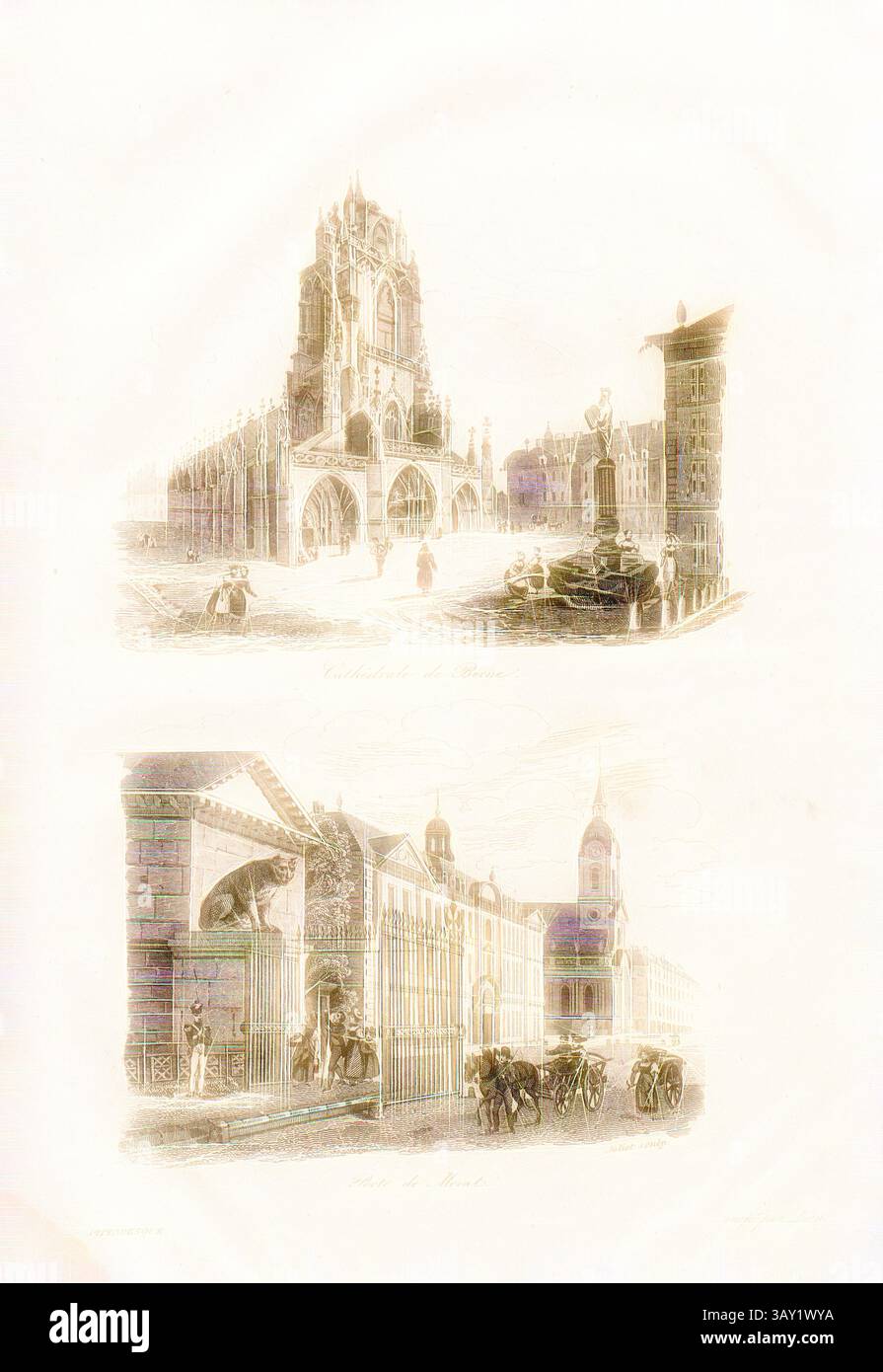 An artistic depiction showcasing two historic buildings, one featuring ...