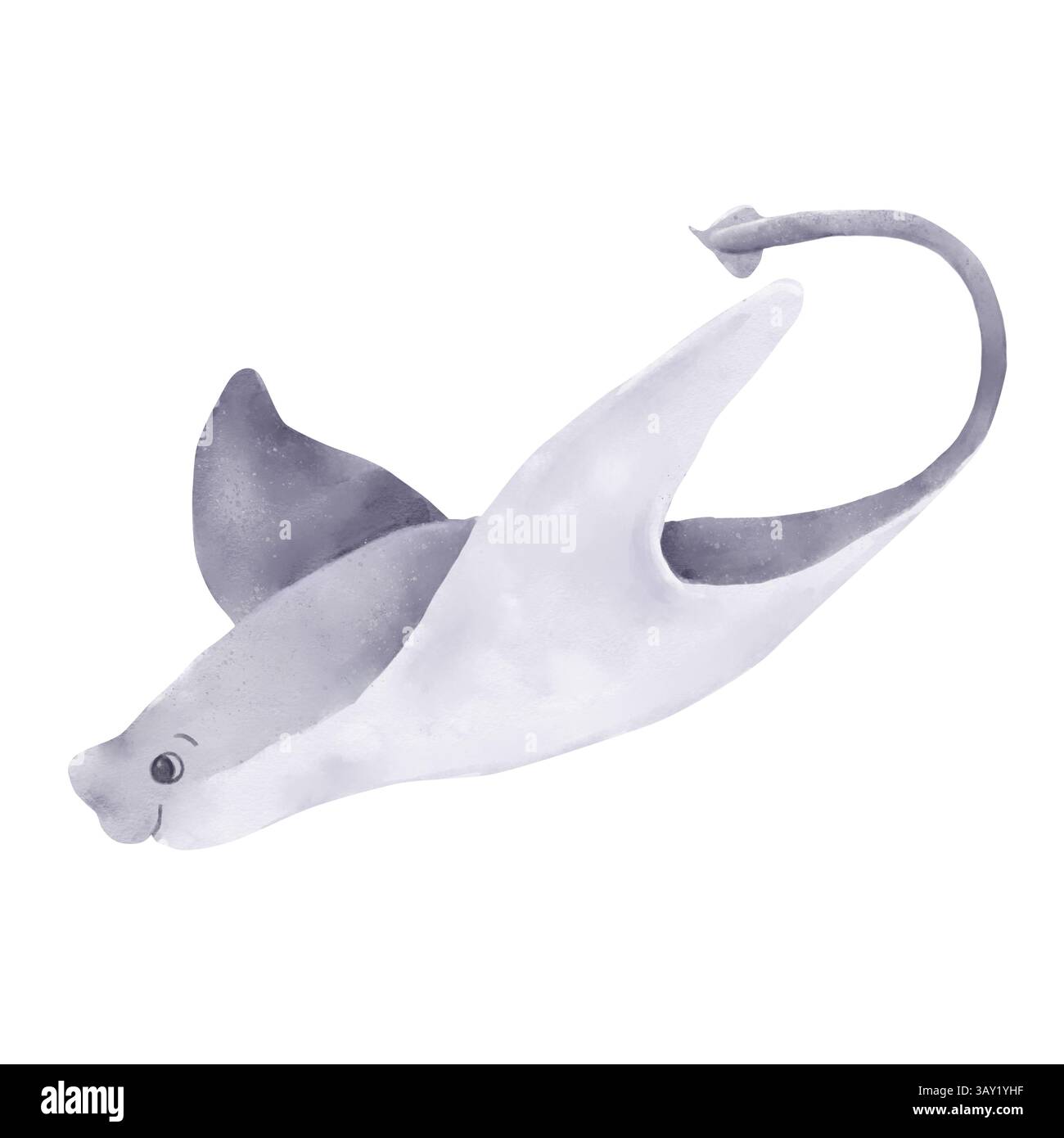 Sea stingray with a long graceful tail Watercolor illustration. A ...